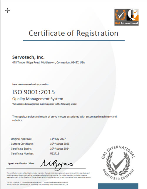 ISO 9001:2015 Certified Servo Motor Repair | Servotech